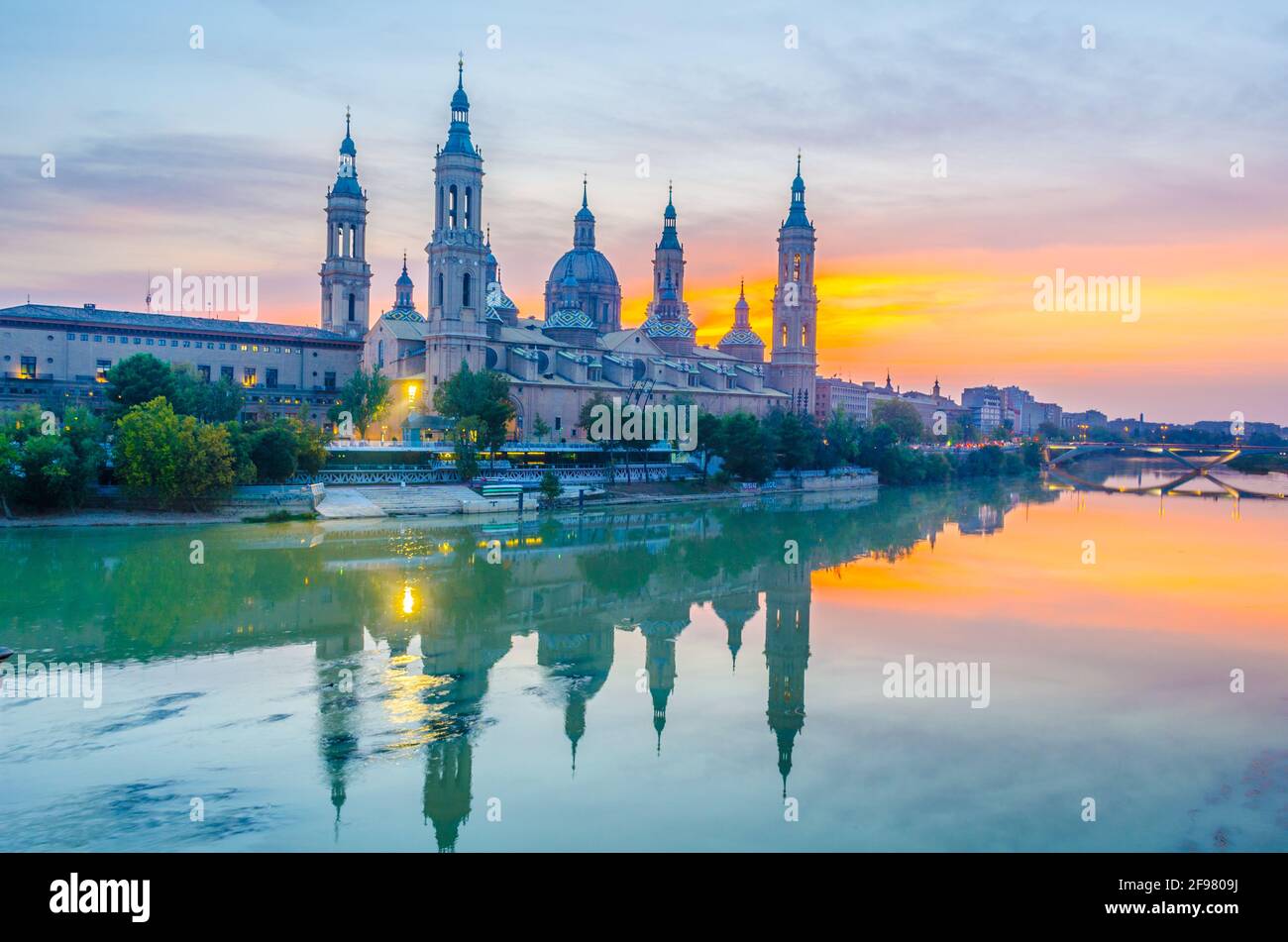 sunset view of the basilica de nuestra senora de pila in Zaragoza ...