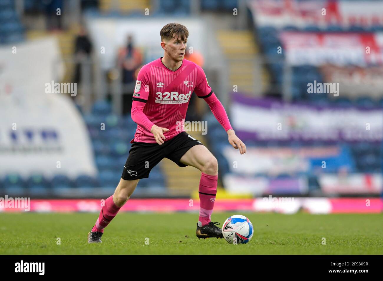 Blackburn, UK. 16th Apr, 2021. Max Bird #8 of Derby County with the ...