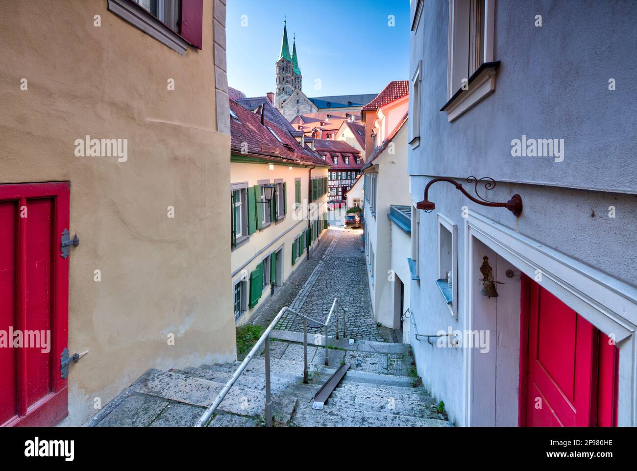View of cathedral, alley, house facade, half-timbered, old town ...
