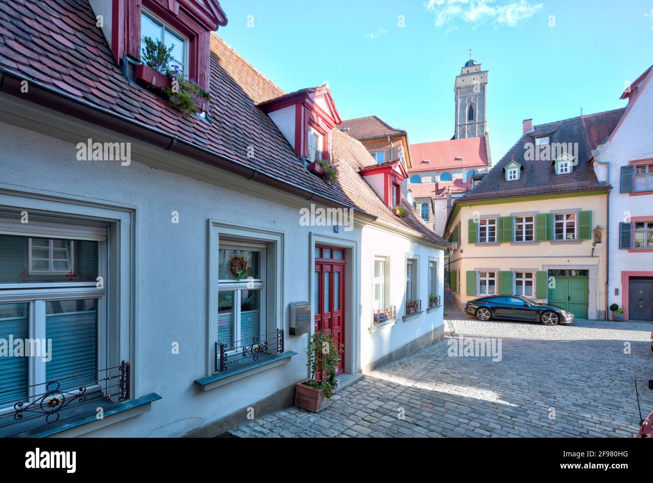 View of upper parish, church tower, alley, house facade, half-timbered ...