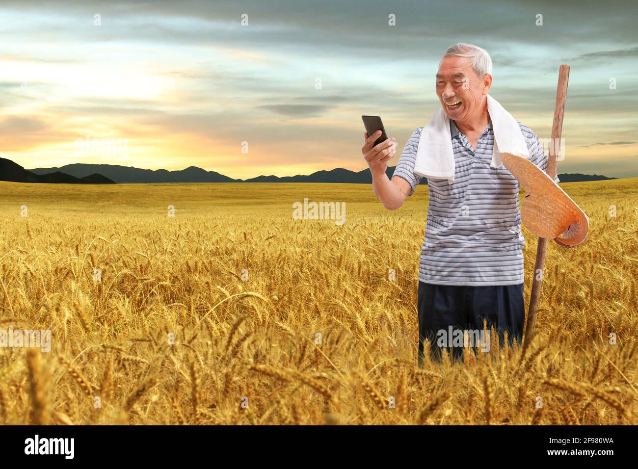 Standing in the catcher in the farmers see a mobile phone Stock Photo ...