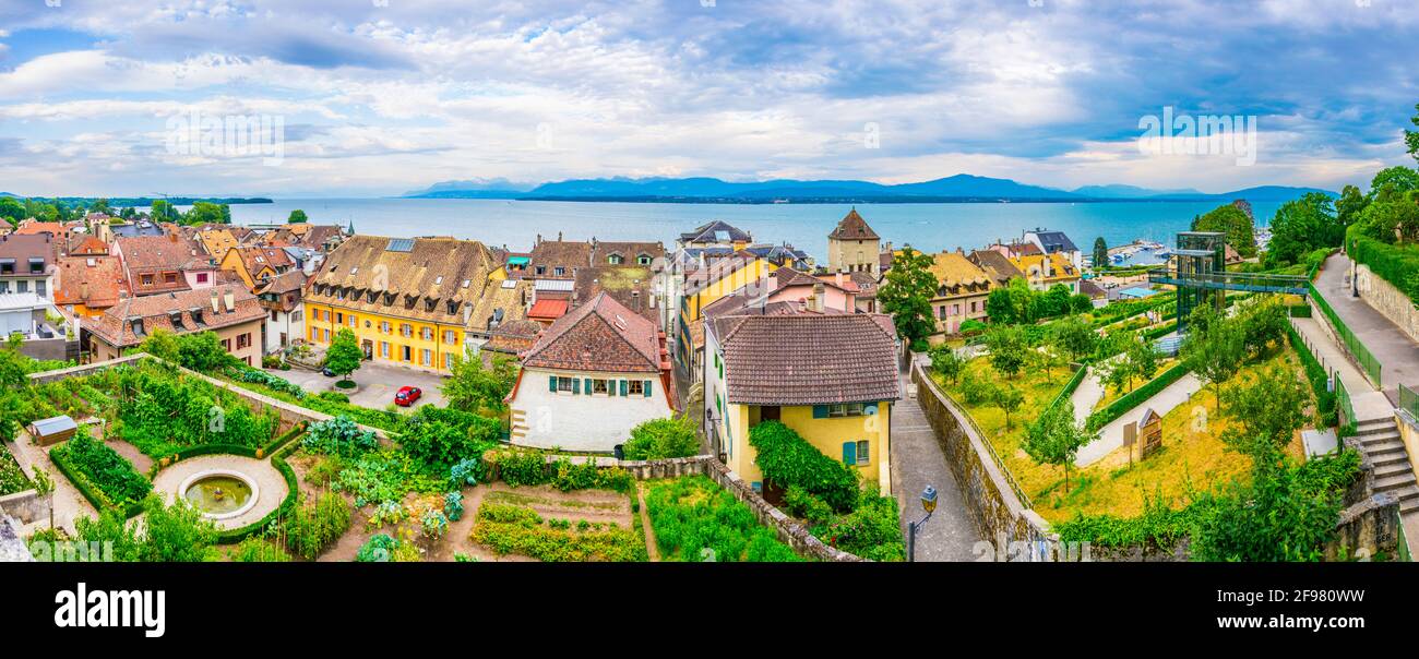Aerial view of Geneva lake from terrace next to the Nyon Palace ...