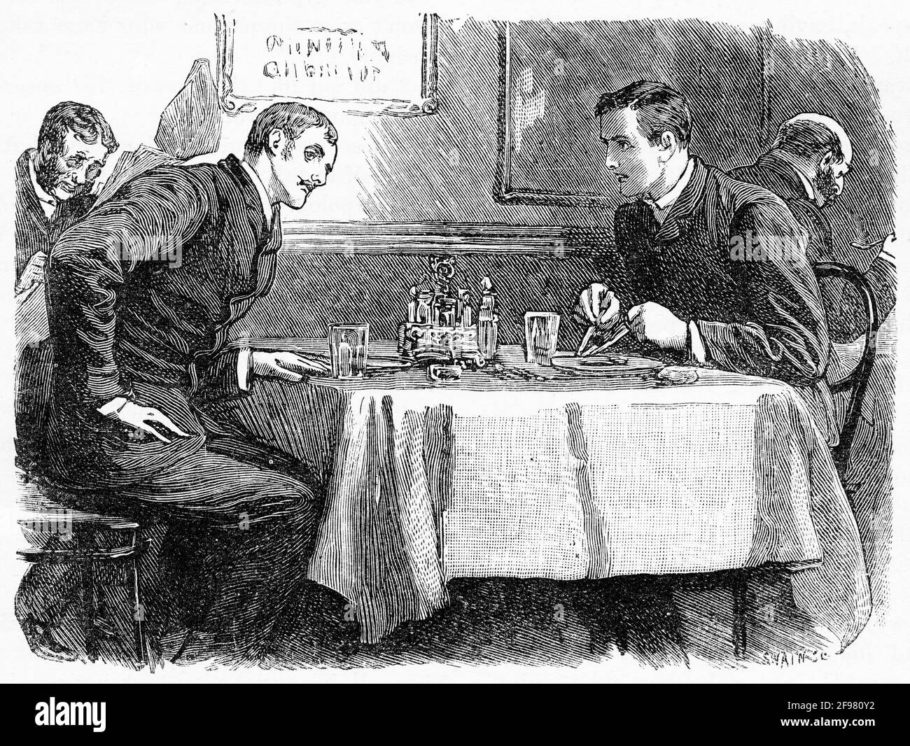 Engraving of two men dining in a restaurant during the Victorian era ...