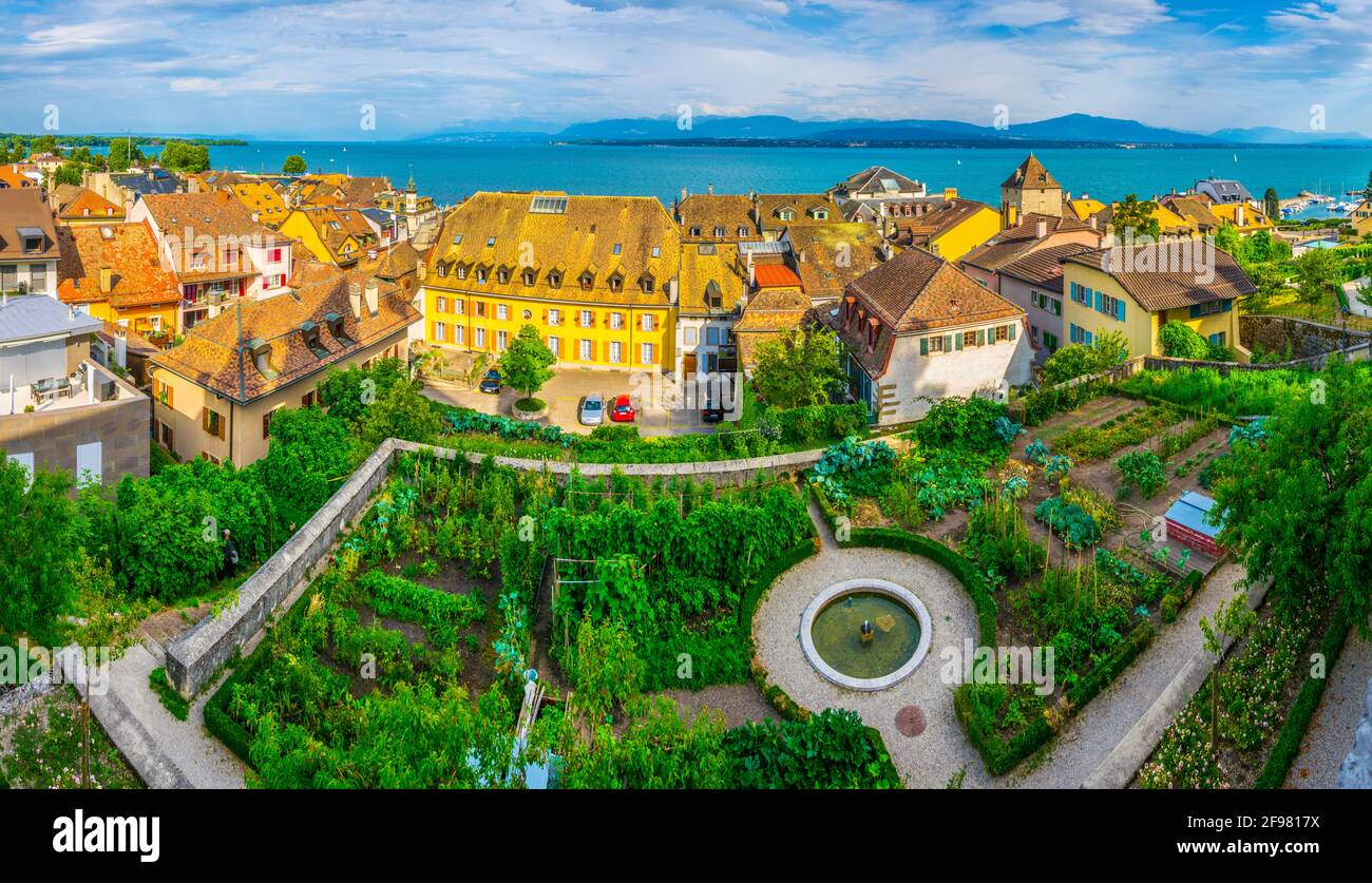 Aerial view of Geneva lake from terrace next to the Nyon Palace ...