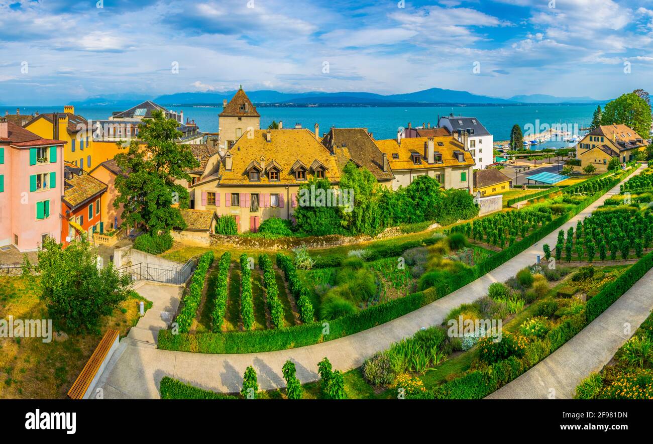 Aerial view of Geneva lake from terrace next to the Nyon Palace ...