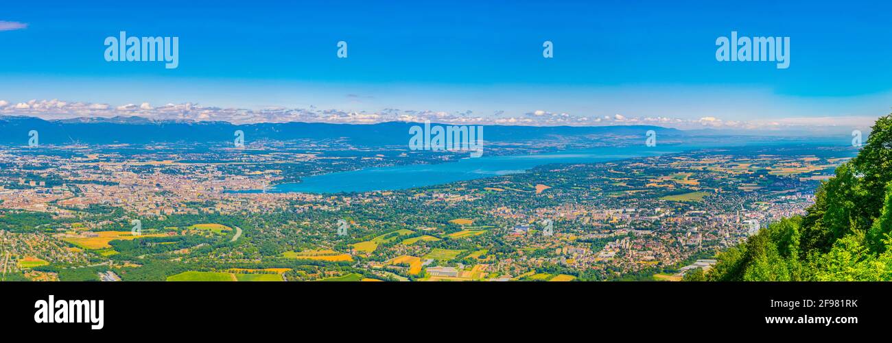Aerial view of Geneva and Geneva lake from Mont Saleve, Switzerland ...