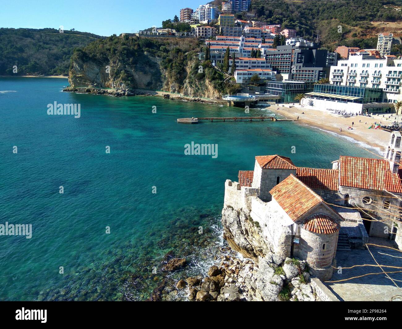Landscape of the Budva Old Town surrounded by the sea in Budva ...
