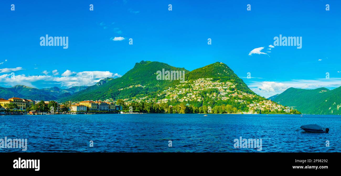 Old town of Lugano facing the Lugano lake in Switzerland Stock Photo ...