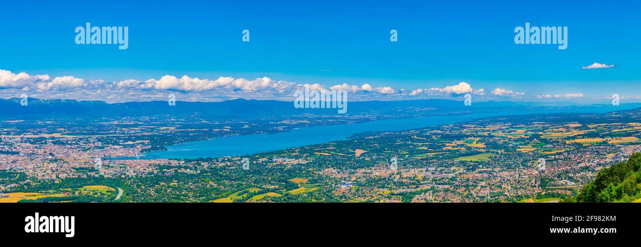 Aerial view of Geneva and Geneva lake from Mont Saleve, Switzerland ...