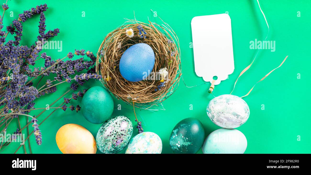 Colorful background with Easter eggs on green background. Happy Easter ...