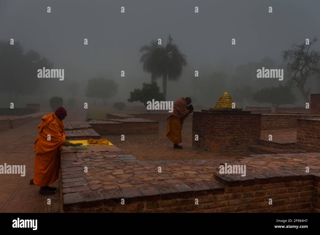 India, Shravasti, Jetavana Monastery, rainy season, monks, prayer Stock ...