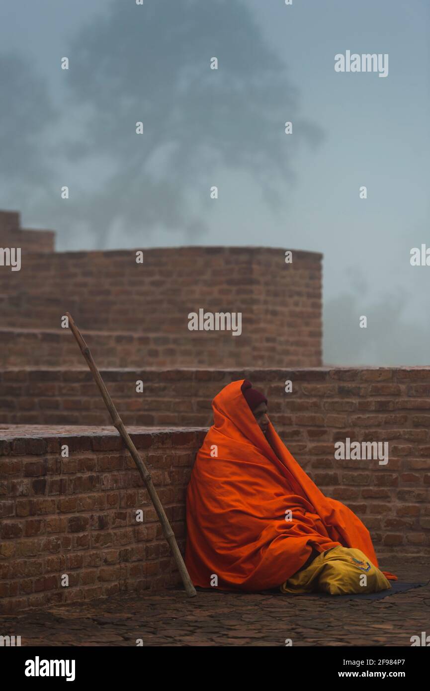India, Shravasti, Jetavana Monastery, rainy season, mendicant monk ...