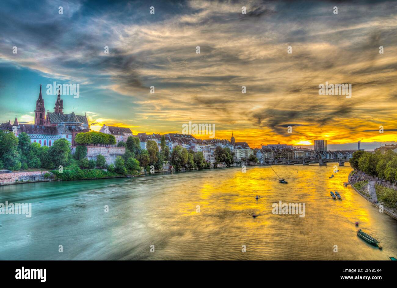 Sunset view of riverside of Rhine in Basel dominated by majestic ...
