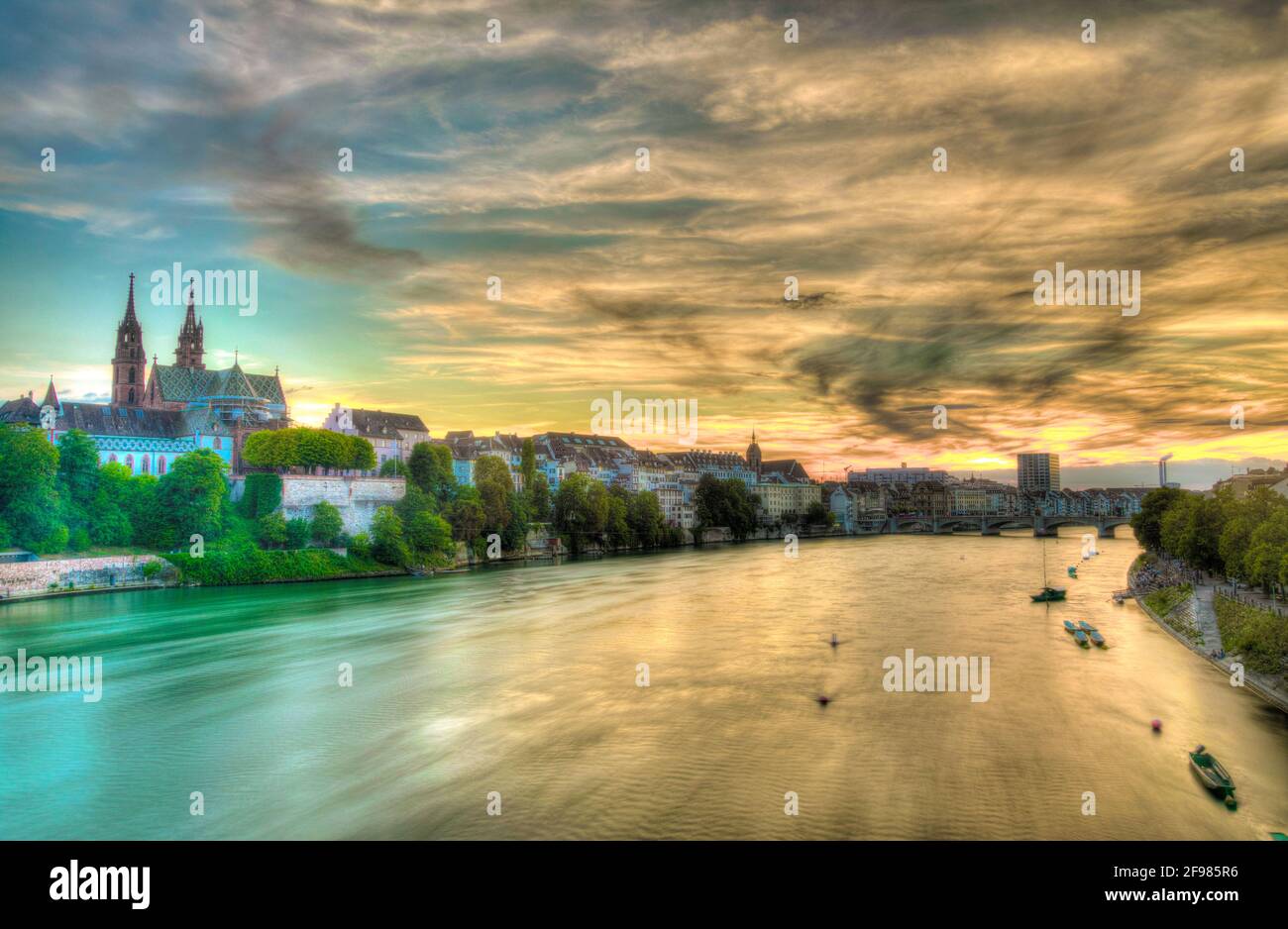 Sunset view of riverside of Rhine in Basel dominated by majestic ...