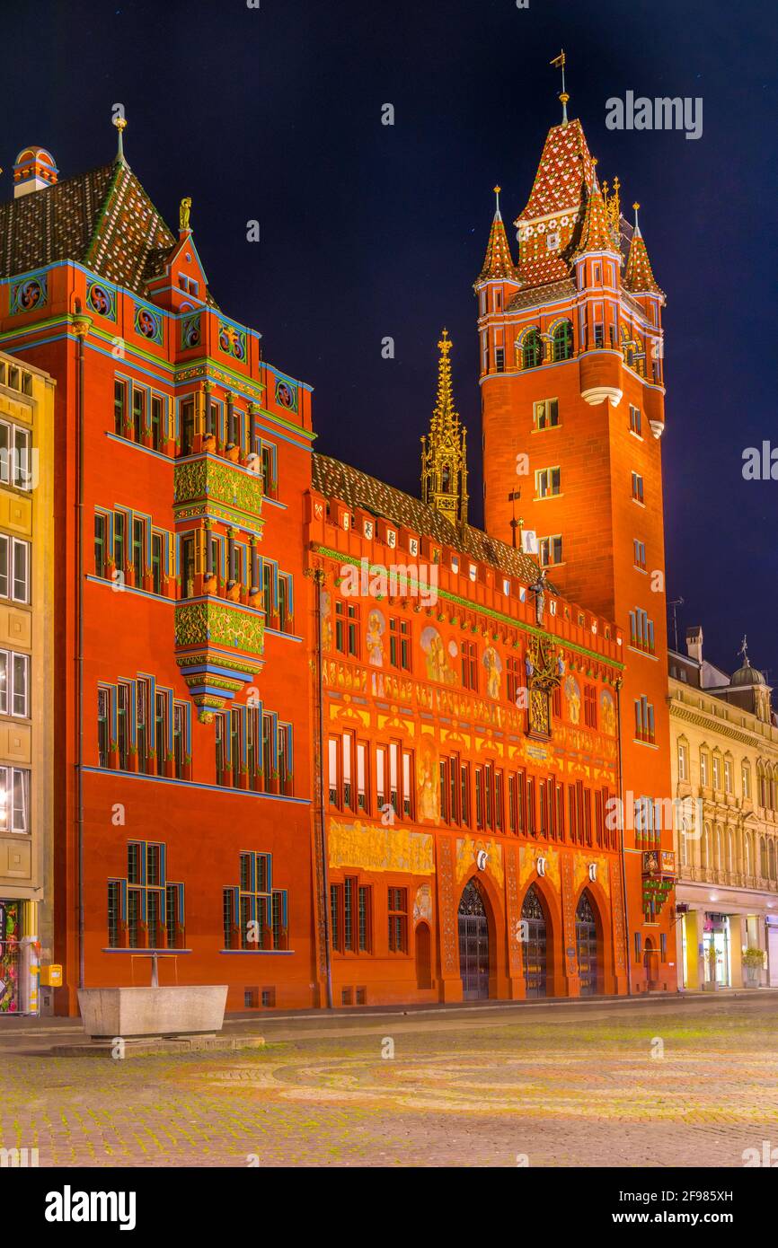 Night view of Red town hall in Basel, Switzerland Stock Photo - Alamy