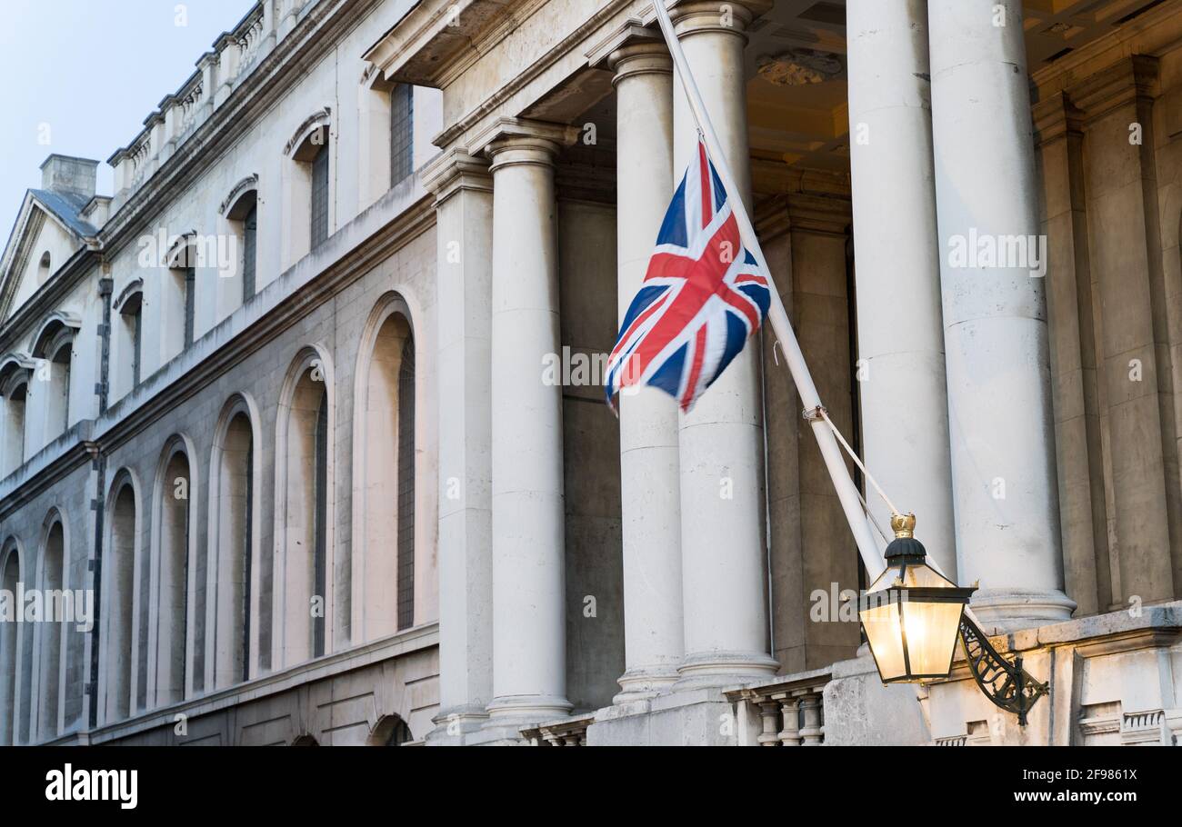 Union jack flag in half mast on public building in Greenwich, London ...