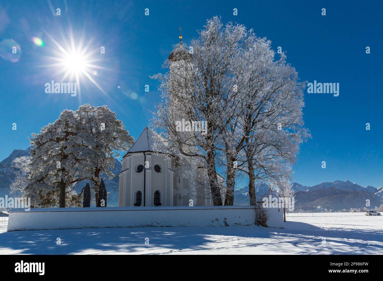 Pilgrimage church St. Coloman, trees with hoar frost, Schwangau, Füssen ...
