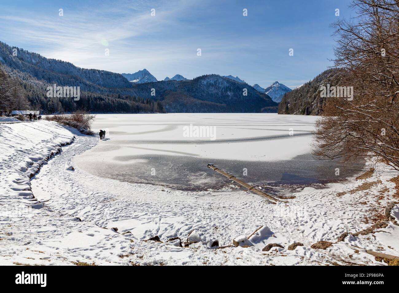People on the frozen Alpsee in winter, Schwangau, Füssen, Allgäu Alps ...