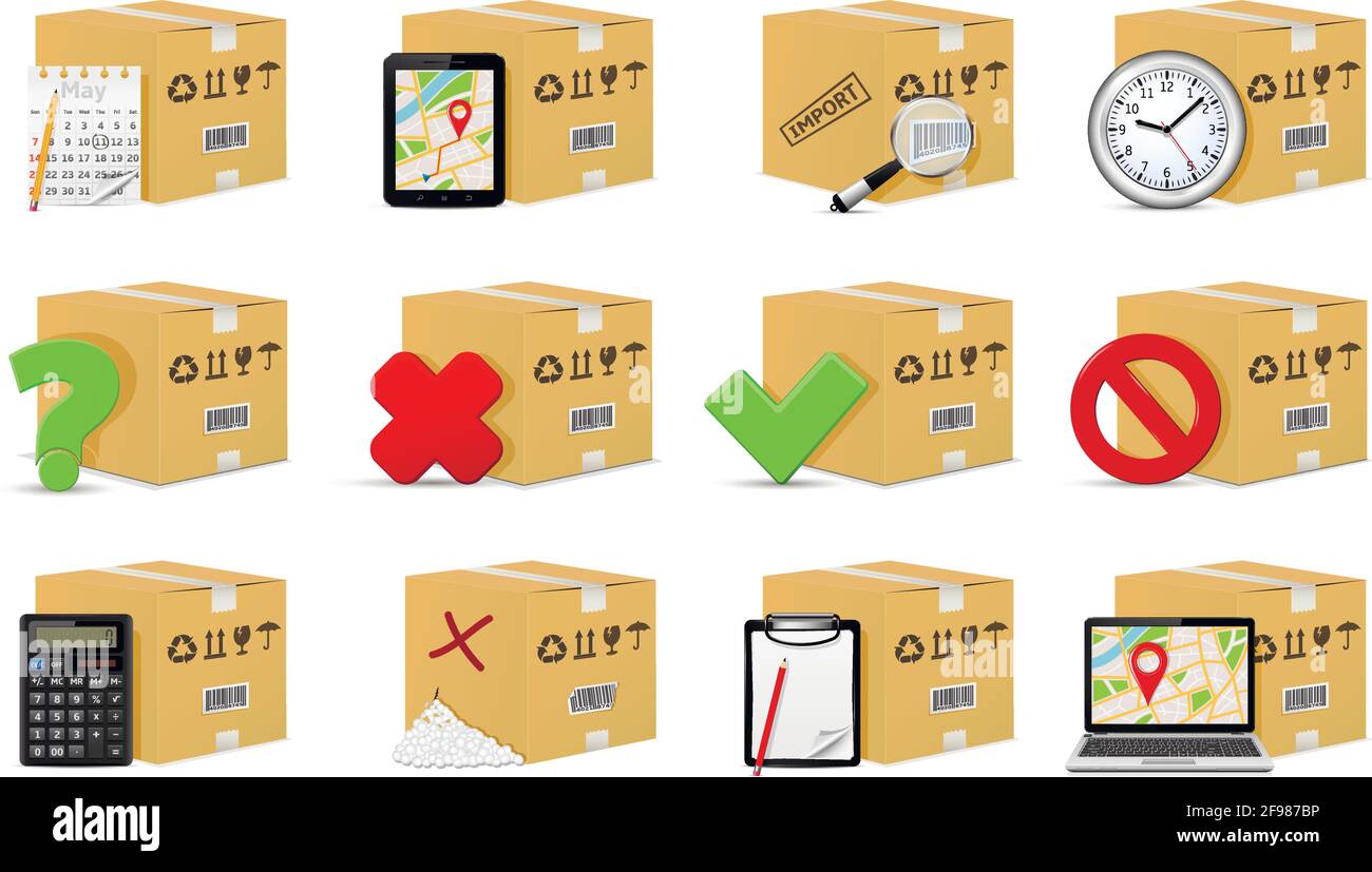 Delivery cardboard boxes with handling and packing objects and signs ...