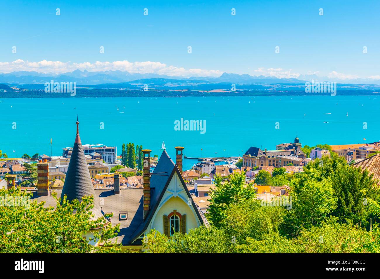 Aerial view of Neuchatel town and Neuchatel lake, Switzerland Stock ...