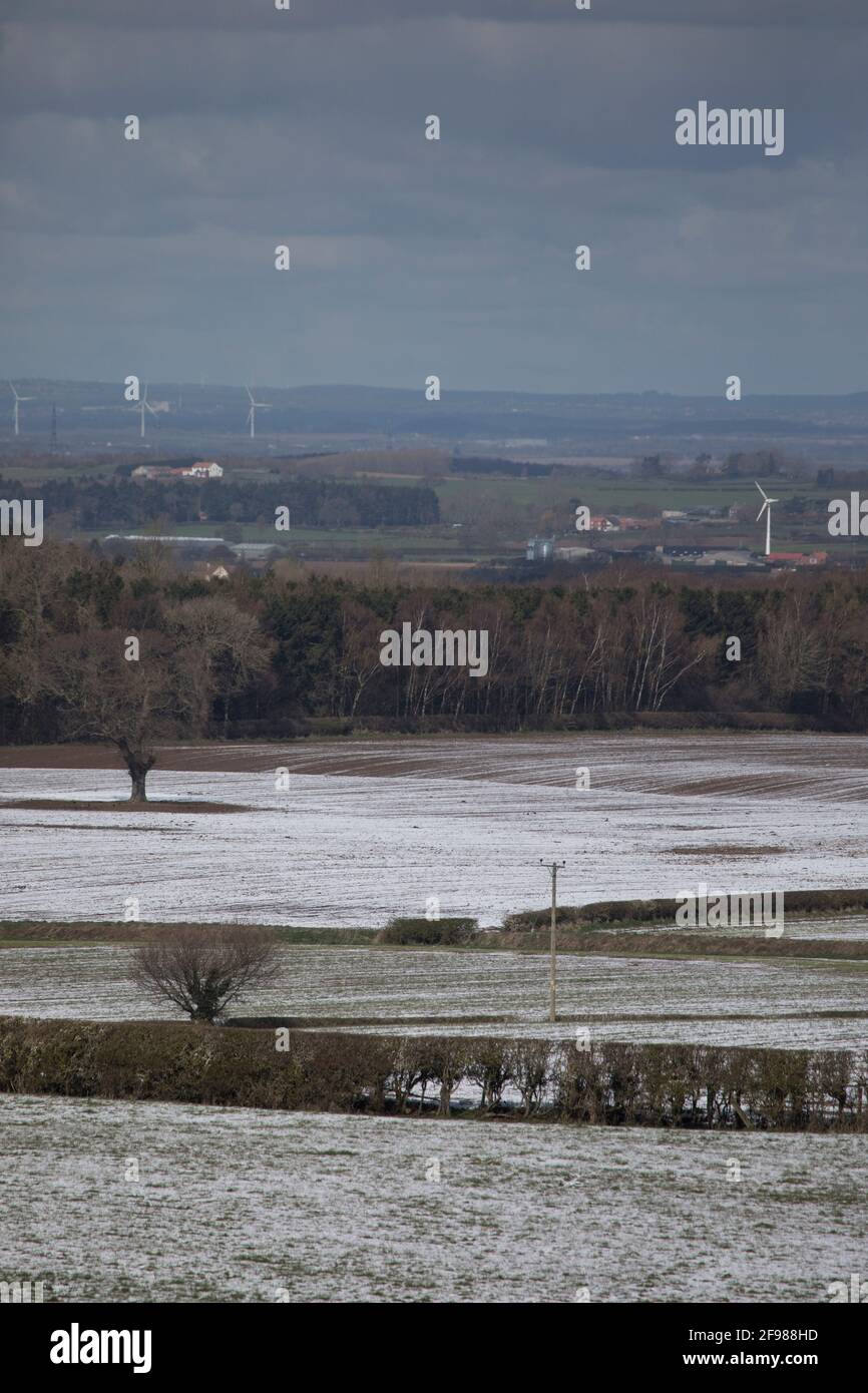 Grass fields covered in snow in April, North Yorkshire, England, United ...
