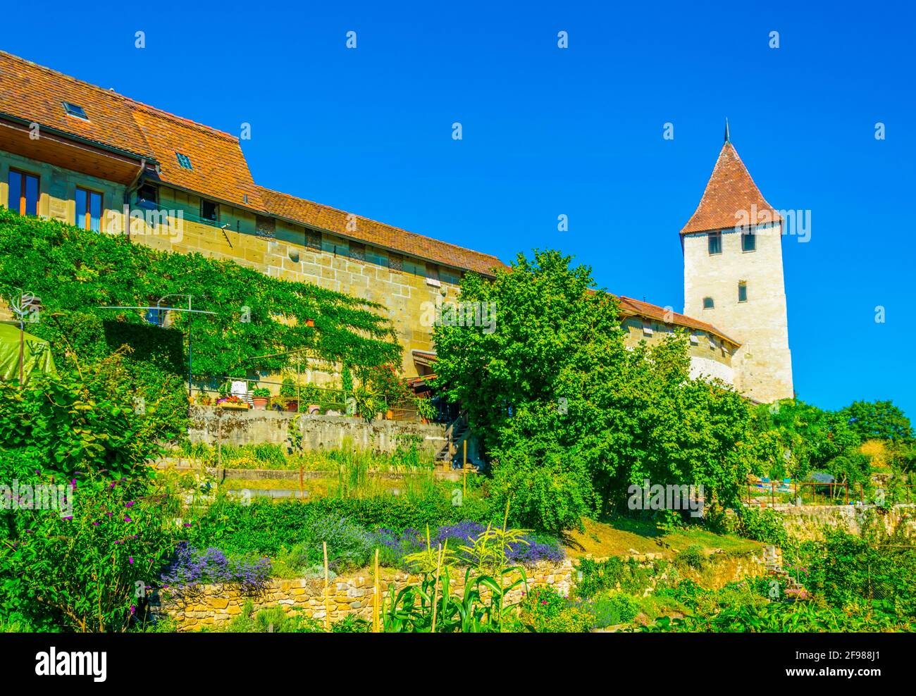 Fortification surrounding old town of Murten, Switzerland Stock Photo ...