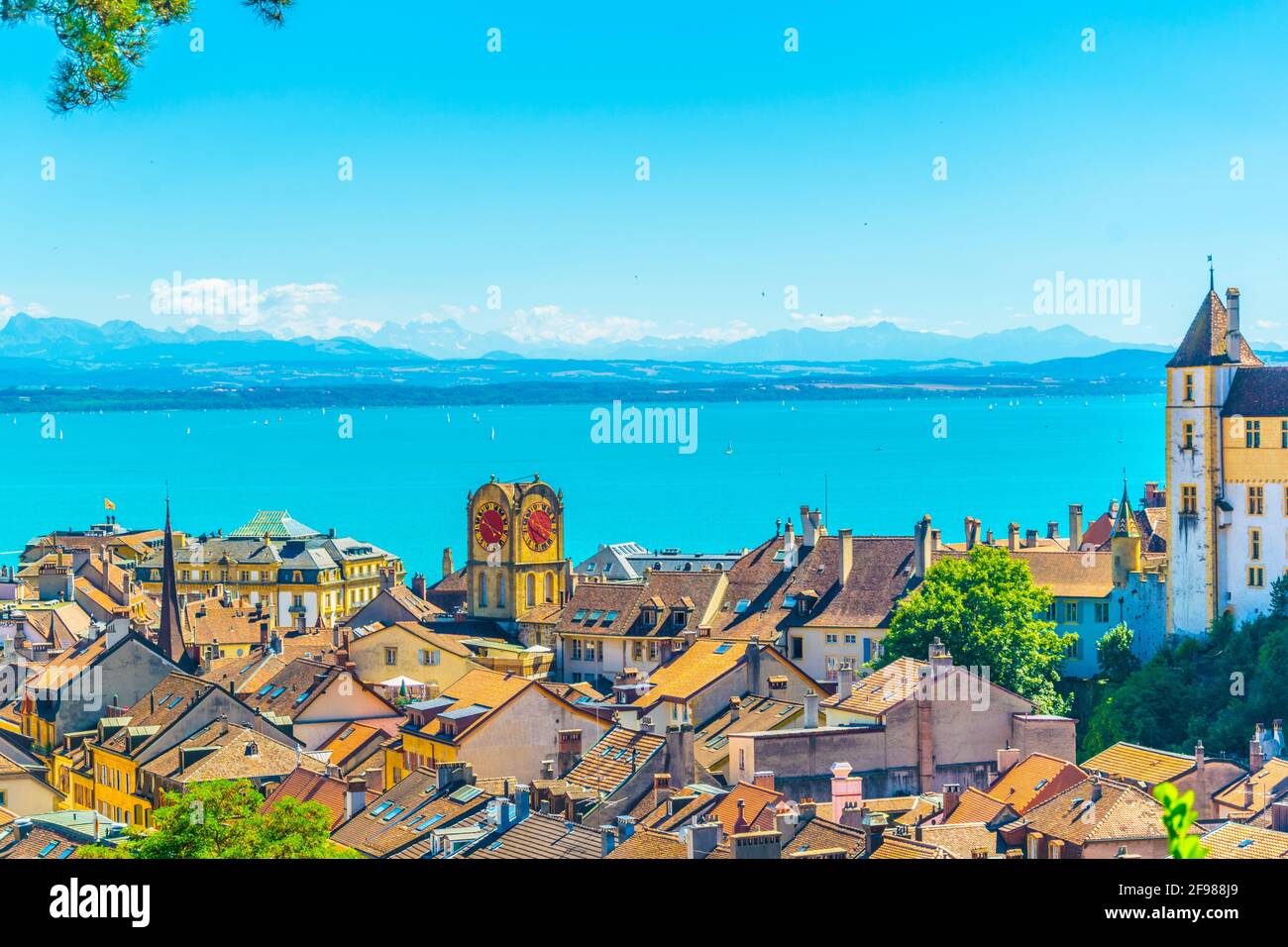 Aerial view of Neuchatel town and Neuchatel lake, Switzerland Stock ...