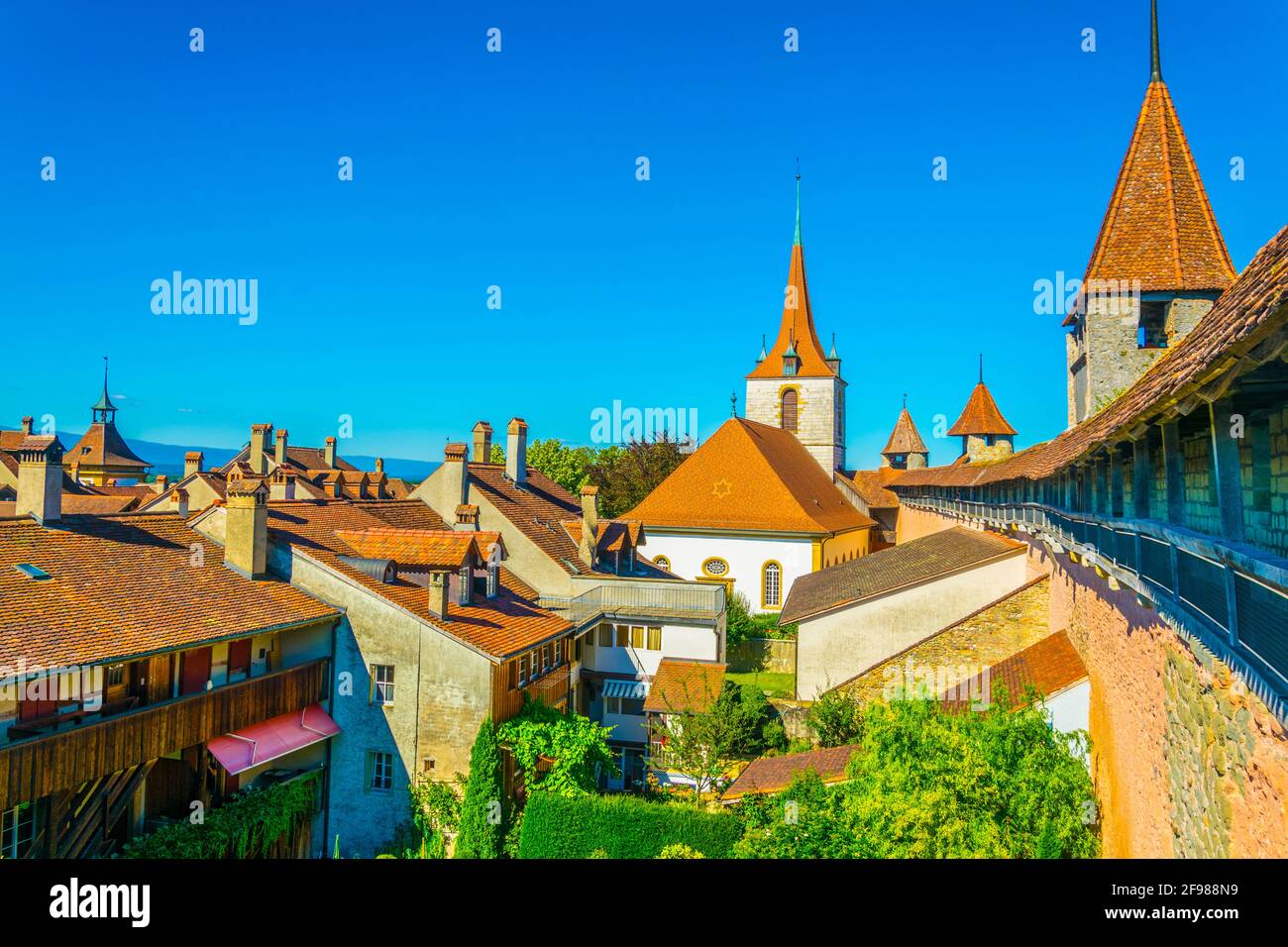 Aerial view of Fortification surrounding old town of Murten ...