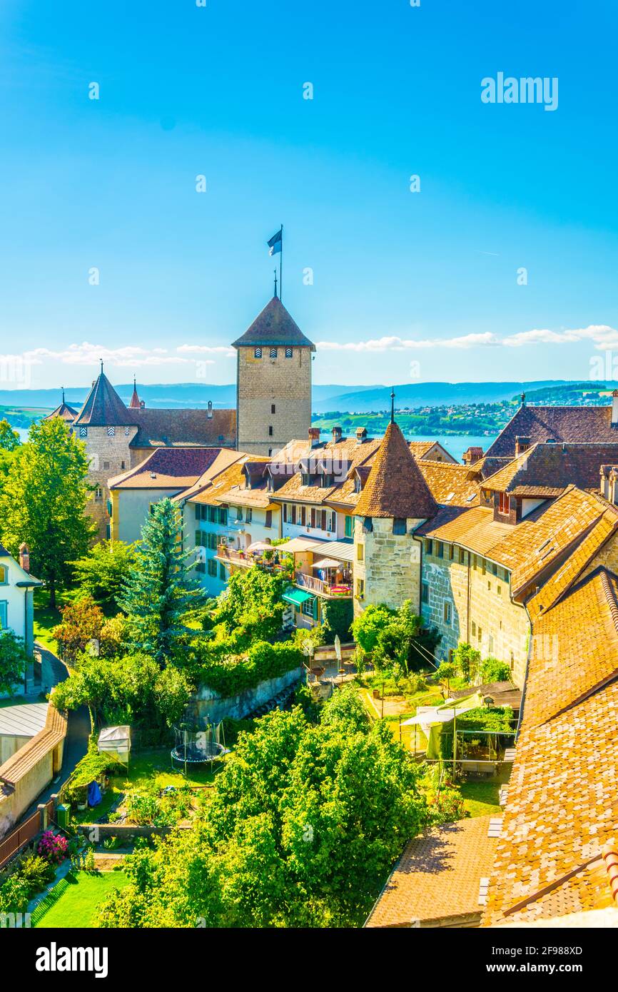 Aerial view of Fortification surrounding old town of Murten ...