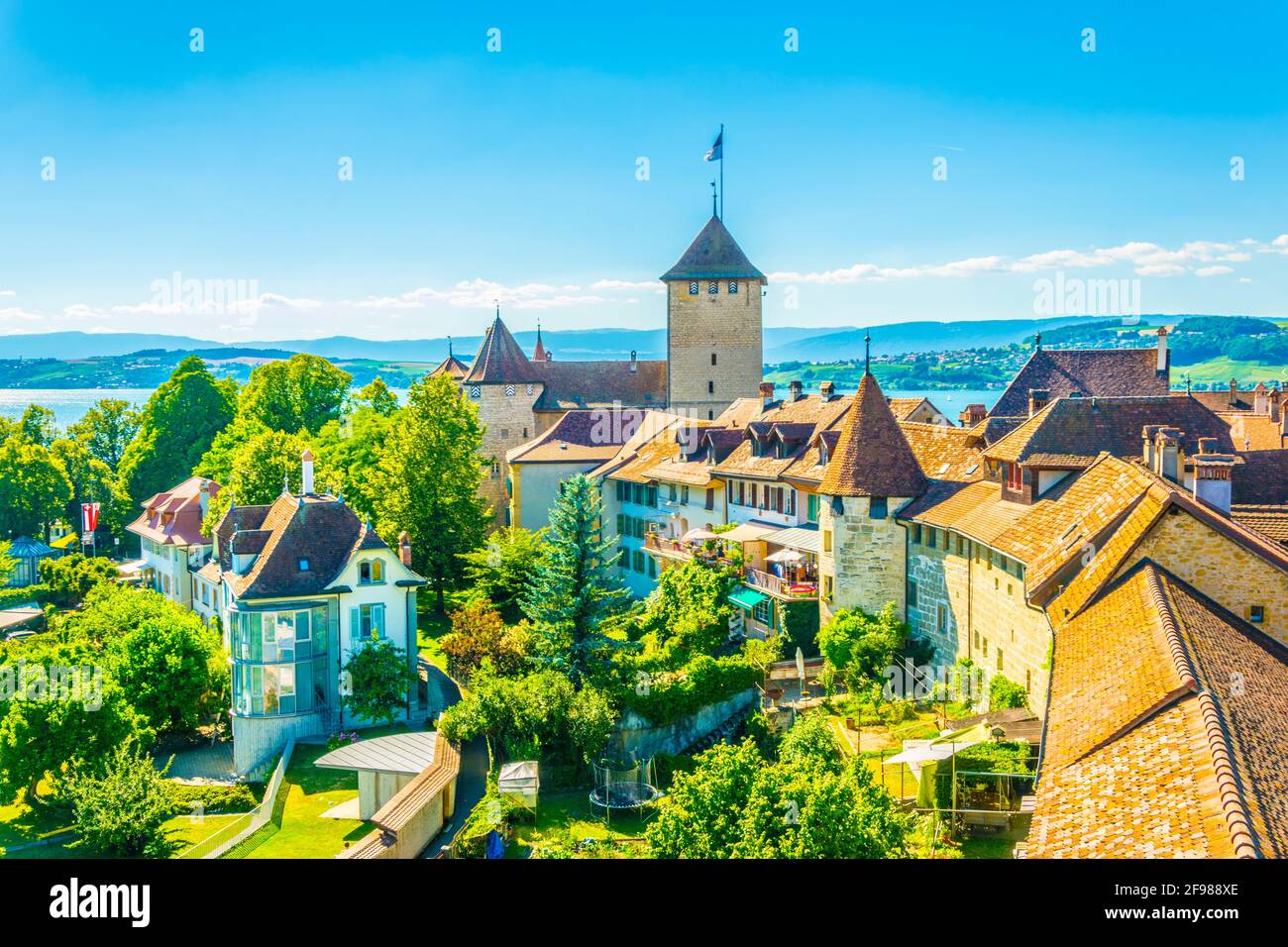 Aerial view of Fortification surrounding old town of Murten ...
