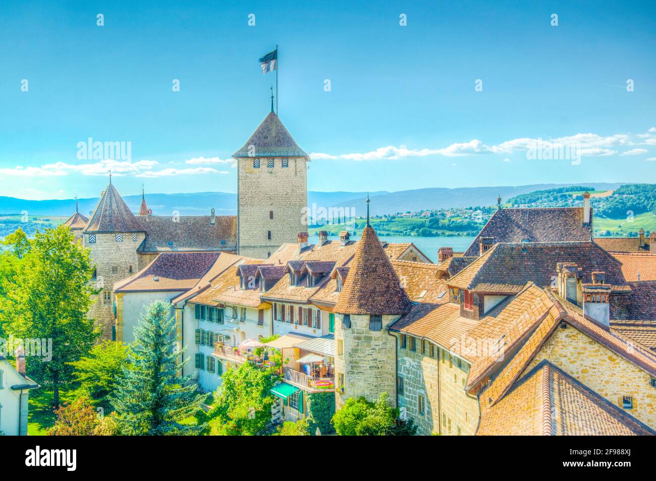 Aerial view of Fortification surrounding old town of Murten ...