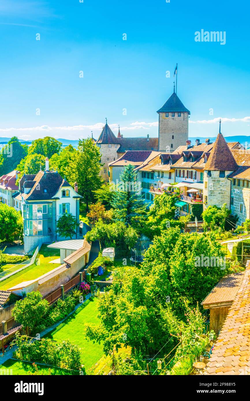 Aerial view of Fortification surrounding old town of Murten ...