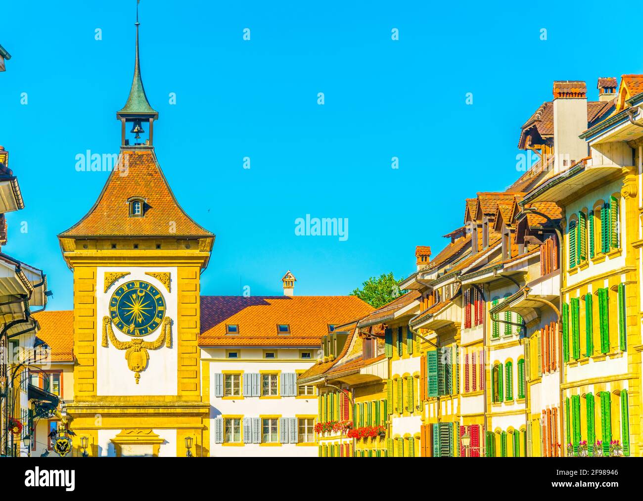 Aerial view of Fortification surrounding old town of Murten ...
