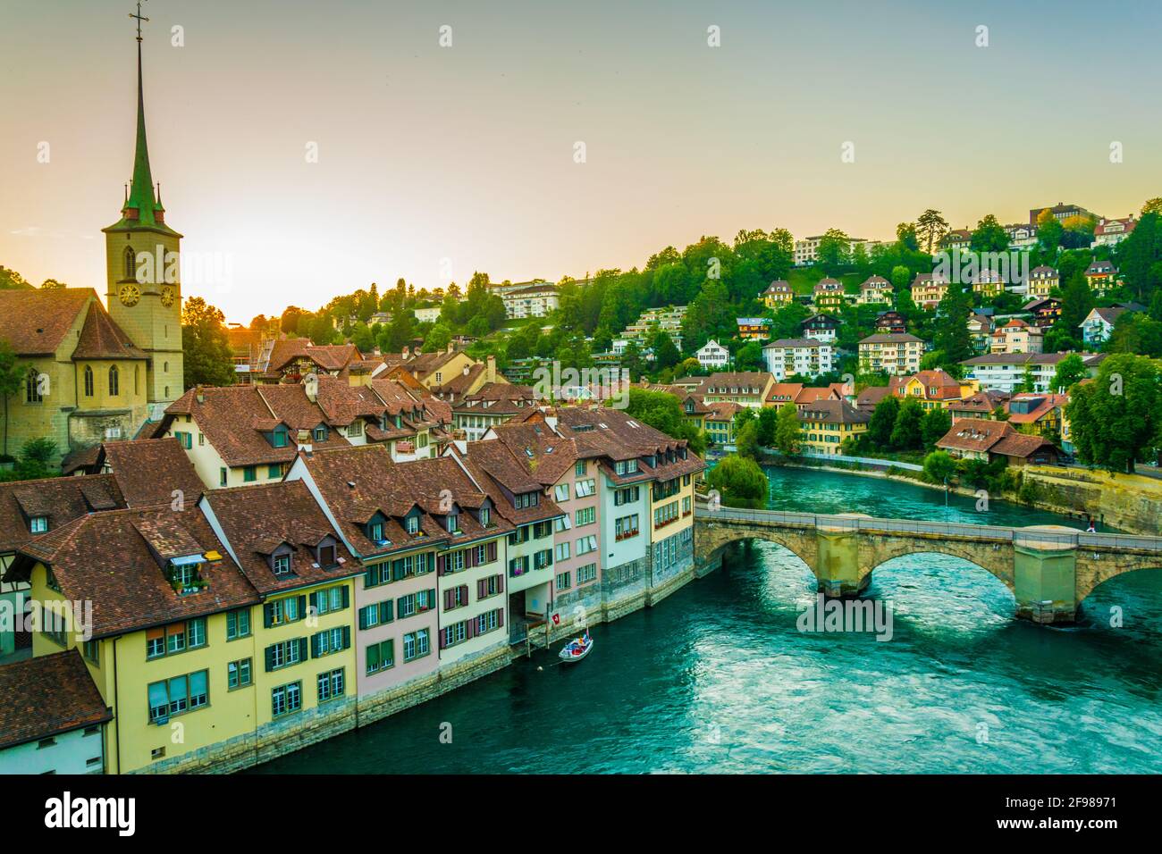 Sunset view of Bern dominated by protestant church, Switzerland Stock ...