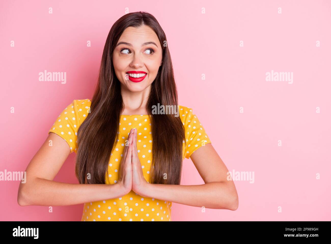 Photo of young woman happy positive smile want wish dream dreamy look ...