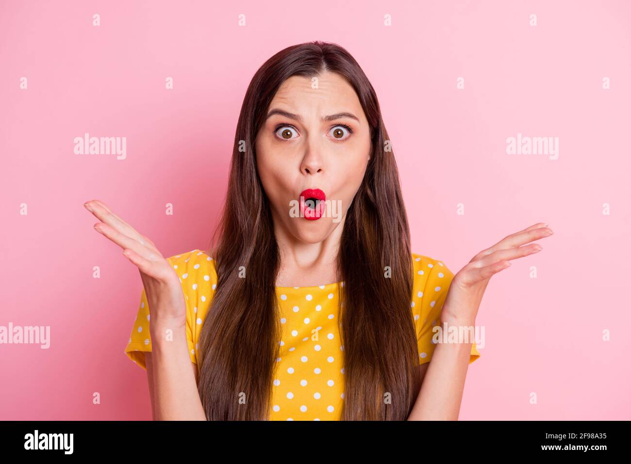 Photo of young attractive girl amazed shocked surprised fake novelty ...