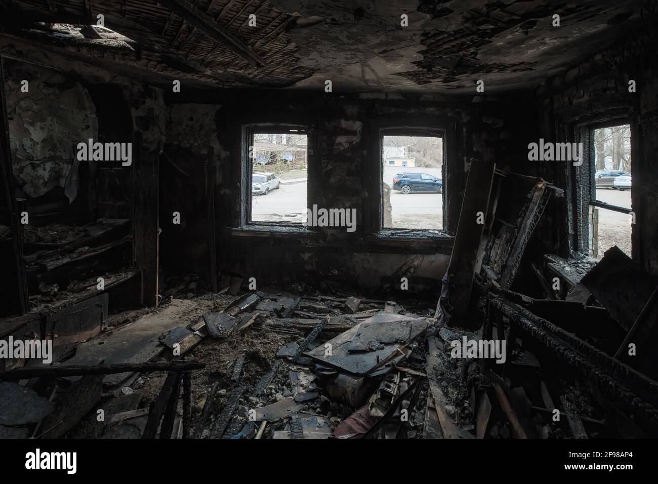 Burnt wooden house interior. Consequences of fire Stock Photo - Alamy