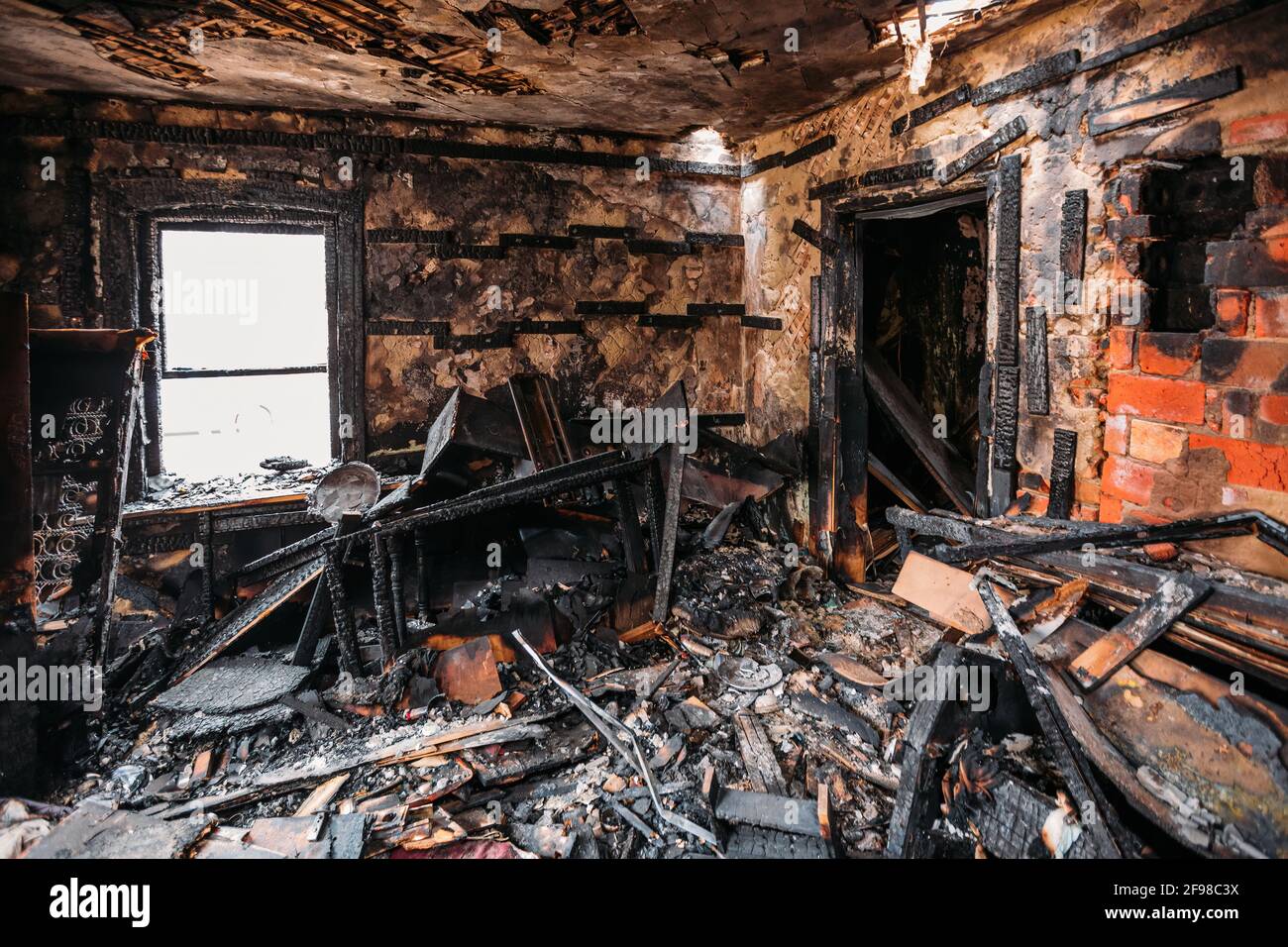 Burnt old house interior. Consequences of fire Stock Photo - Alamy