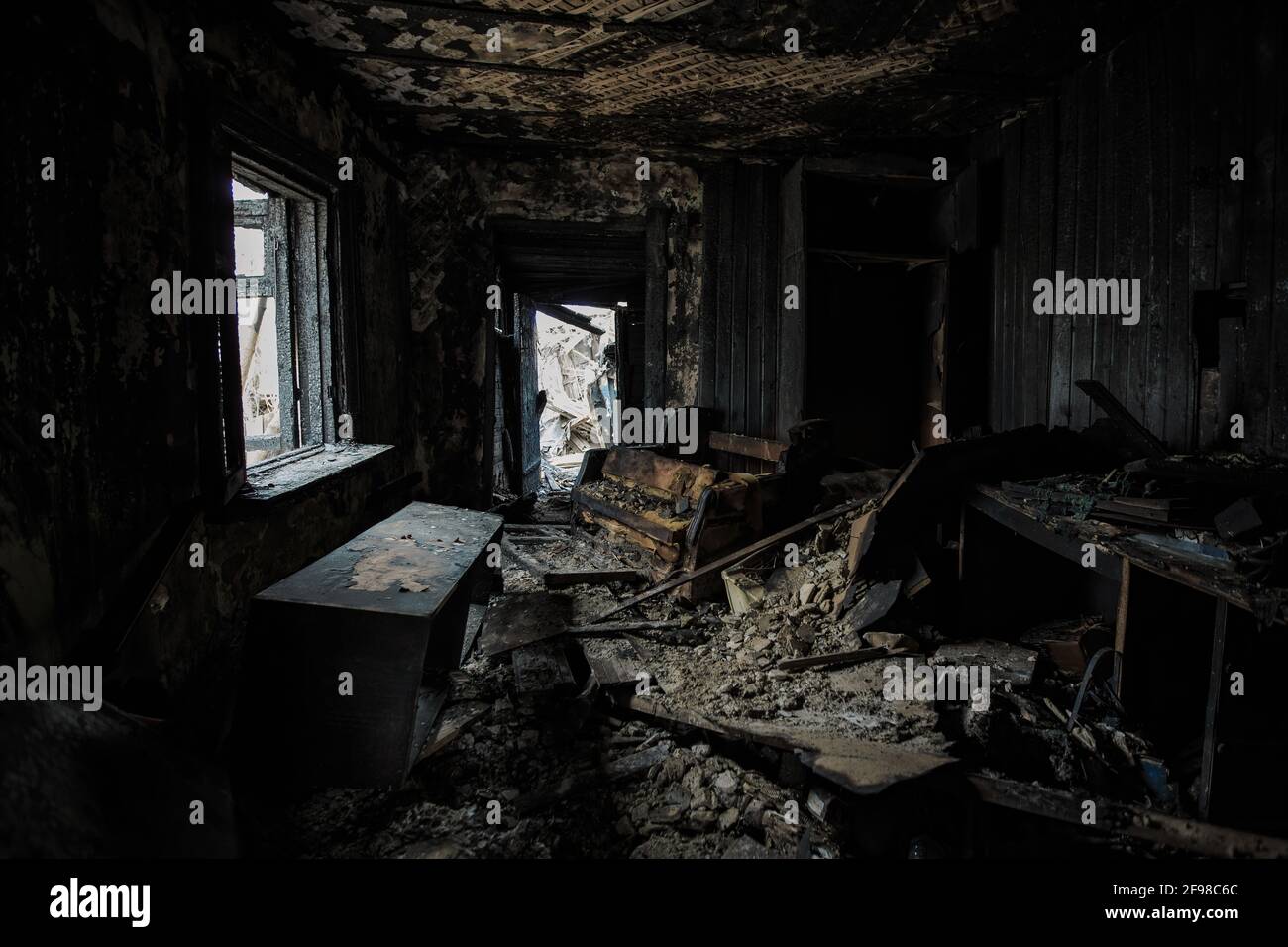 Burnt old house interior. Consequences of fire Stock Photo - Alamy