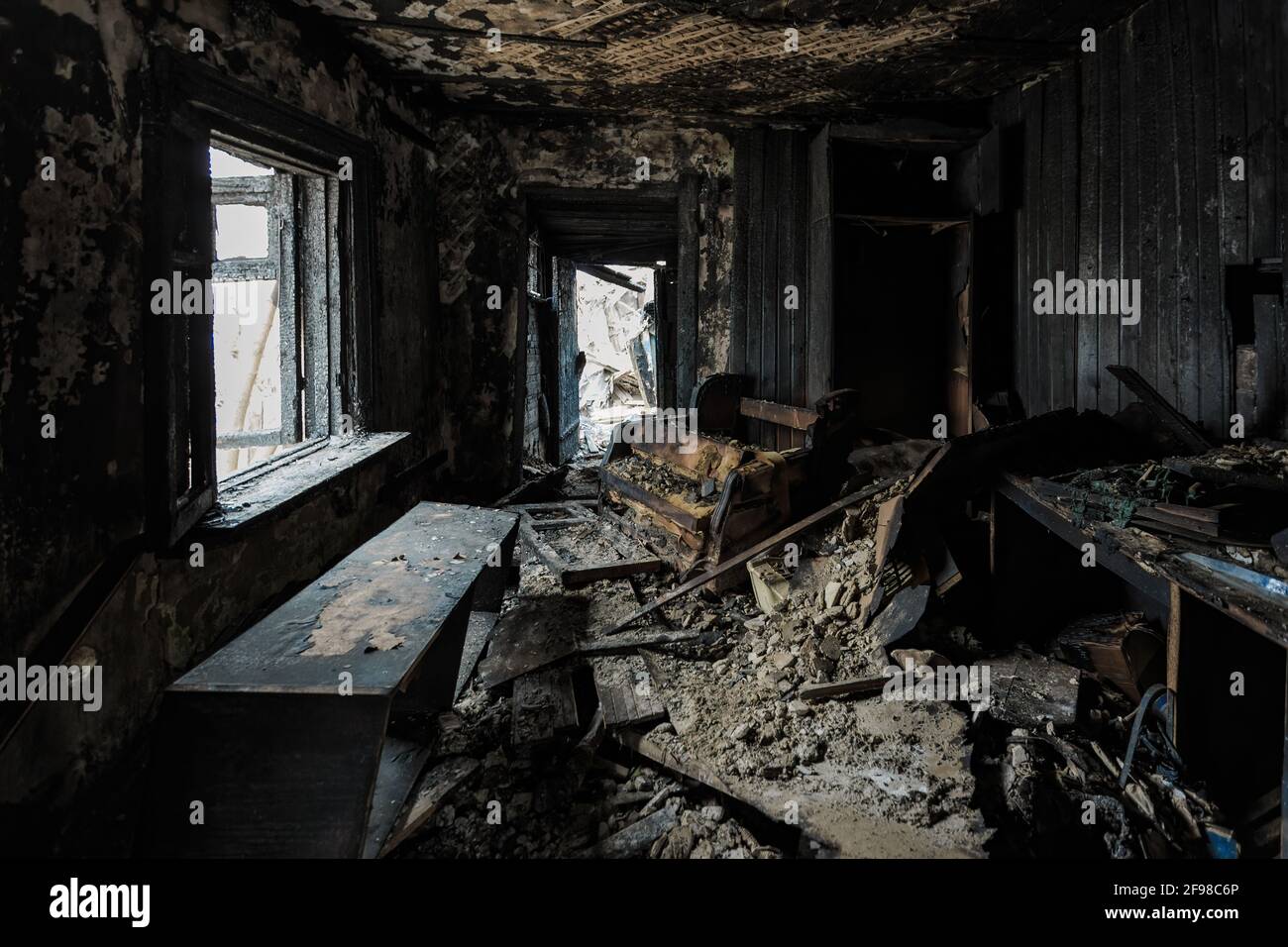 Burnt old house interior. Consequences of fire Stock Photo - Alamy