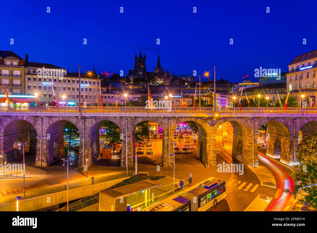 Night view of Cathedral of our lady viewed behind the Grand Pont in ...