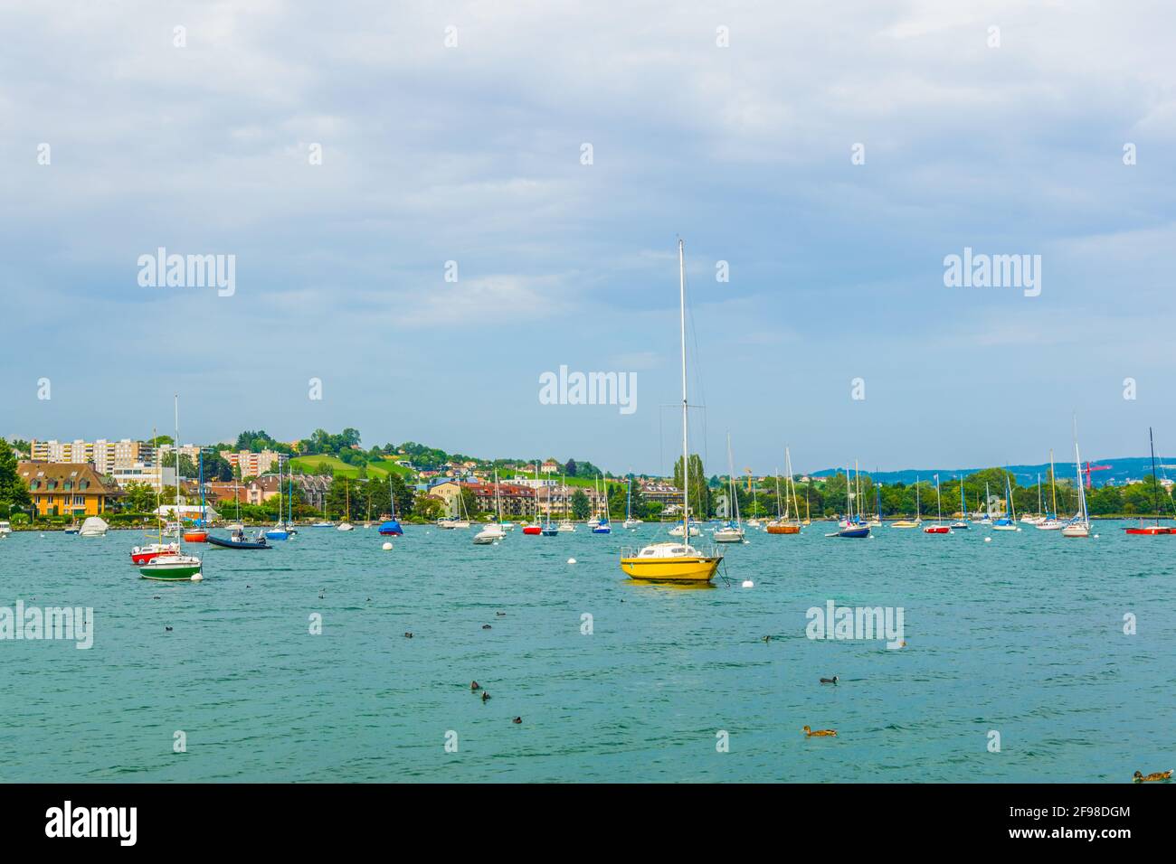 Boats floating on Geneva lake also called as Lac Leman in Switzerland ...