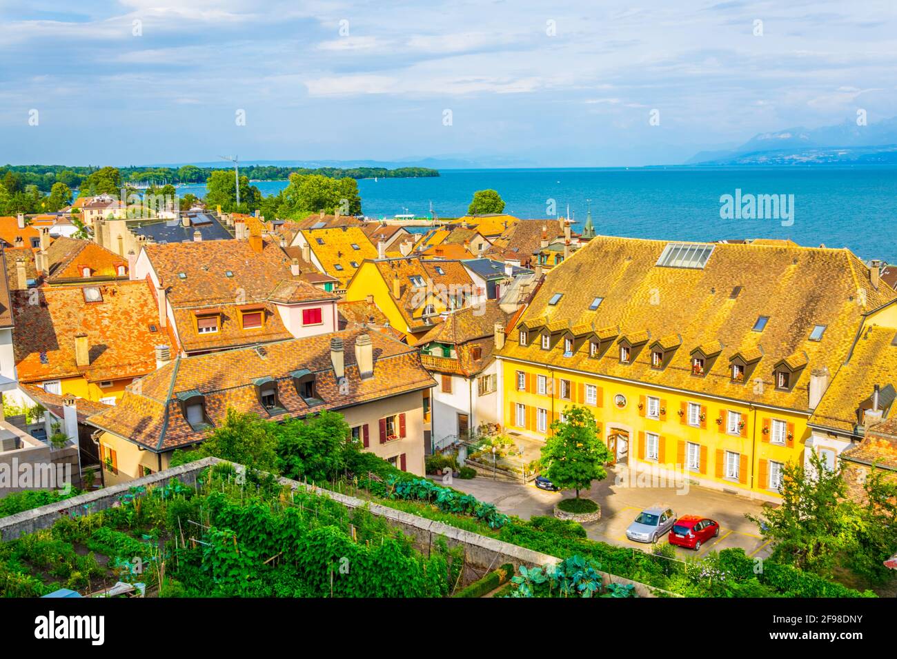 Aerial view of Geneva lake from terrace next to the Nyon Palace ...
