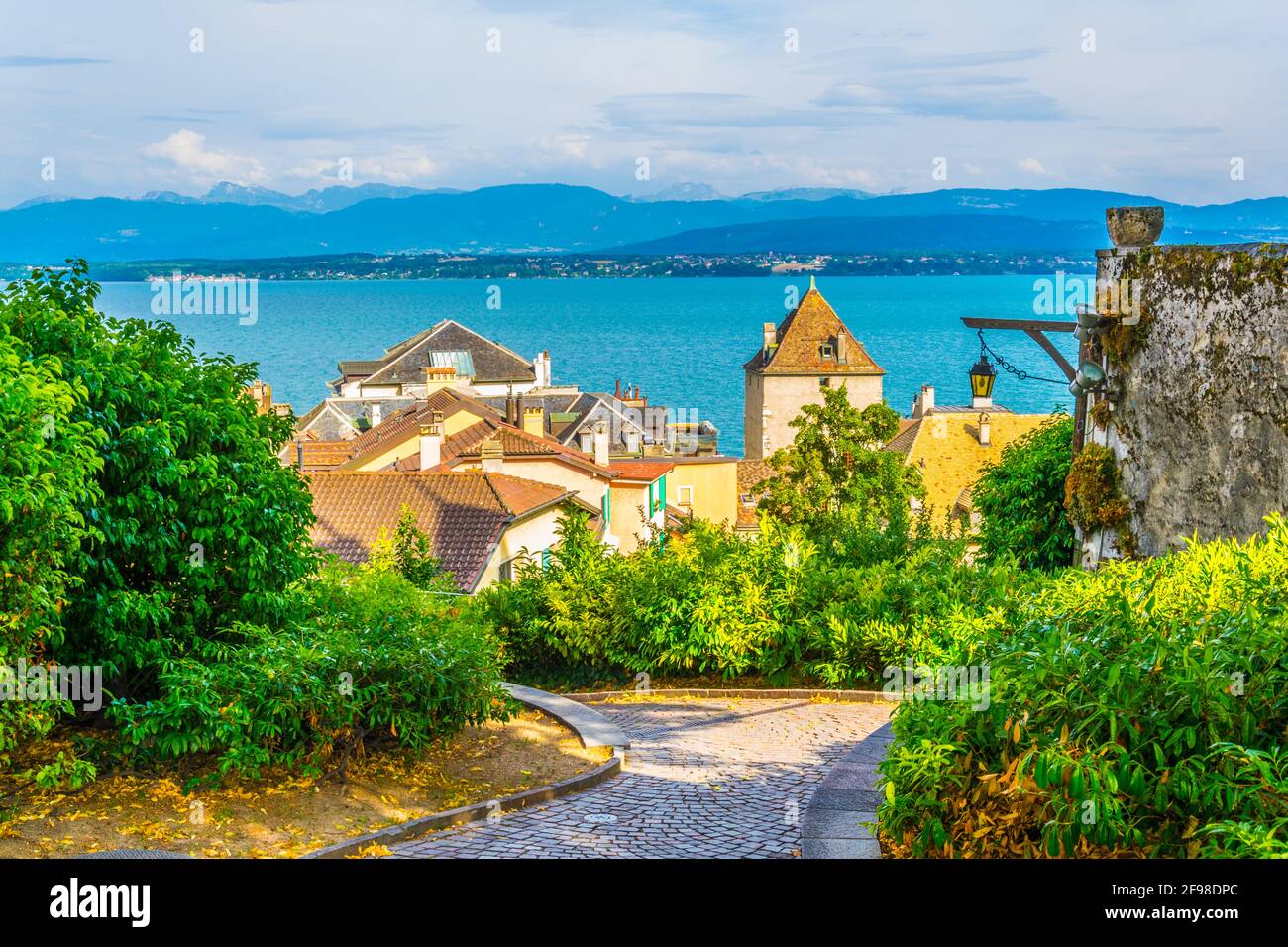 Aerial view of Geneva lake from terrace next to the Nyon Palace ...