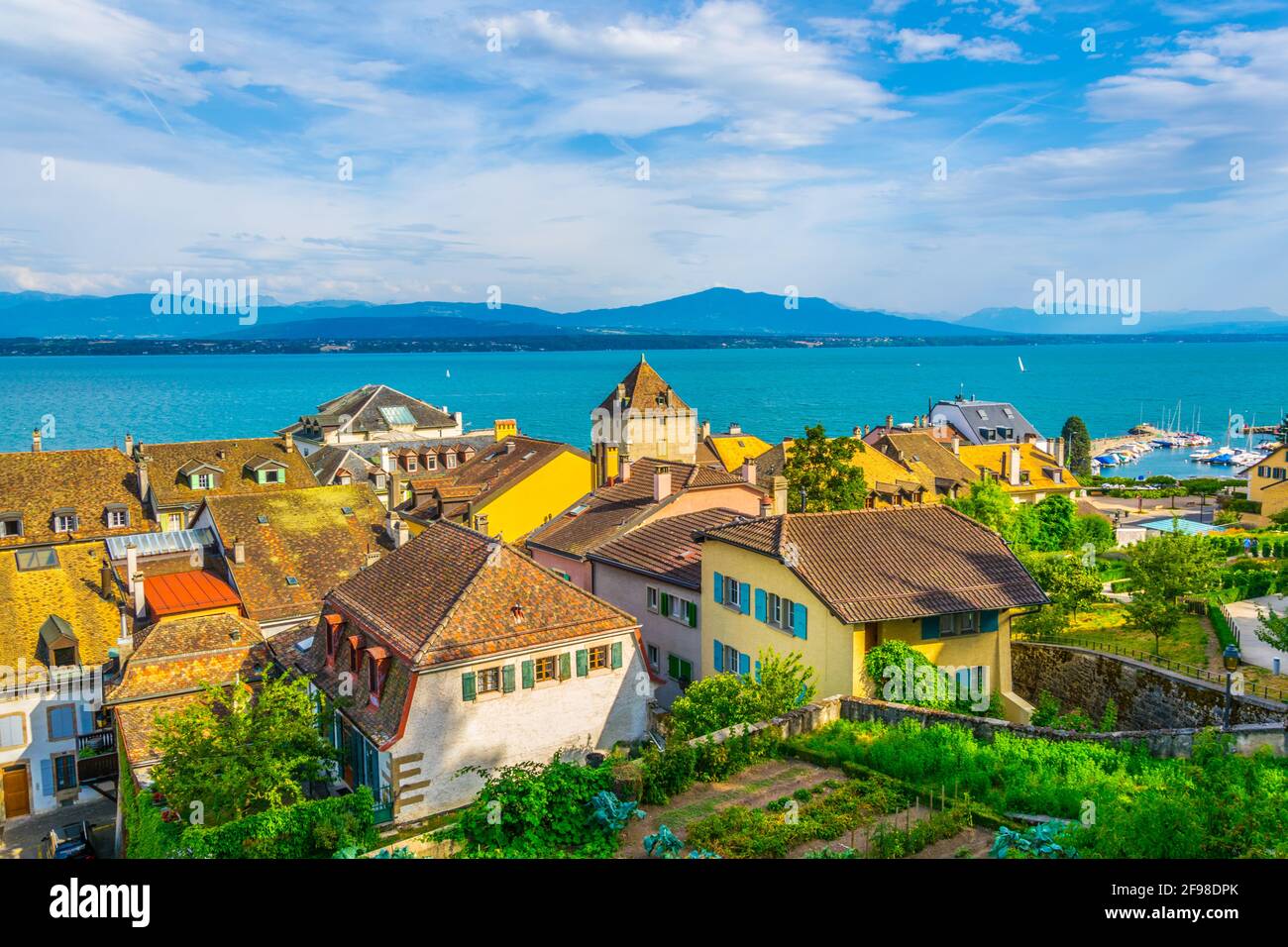 Aerial view of Geneva lake from terrace next to the Nyon Palace ...