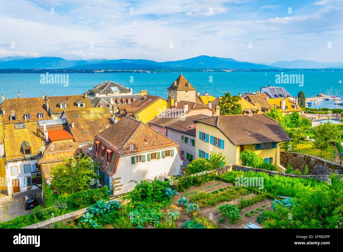 Aerial view of Geneva lake from terrace next to the Nyon Palace ...
