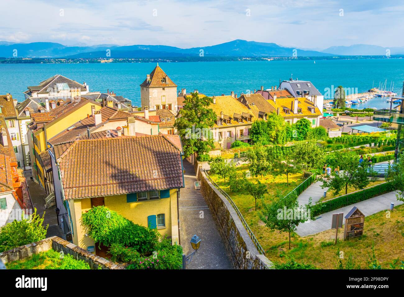 Aerial view of Geneva lake from terrace next to the Nyon Palace ...