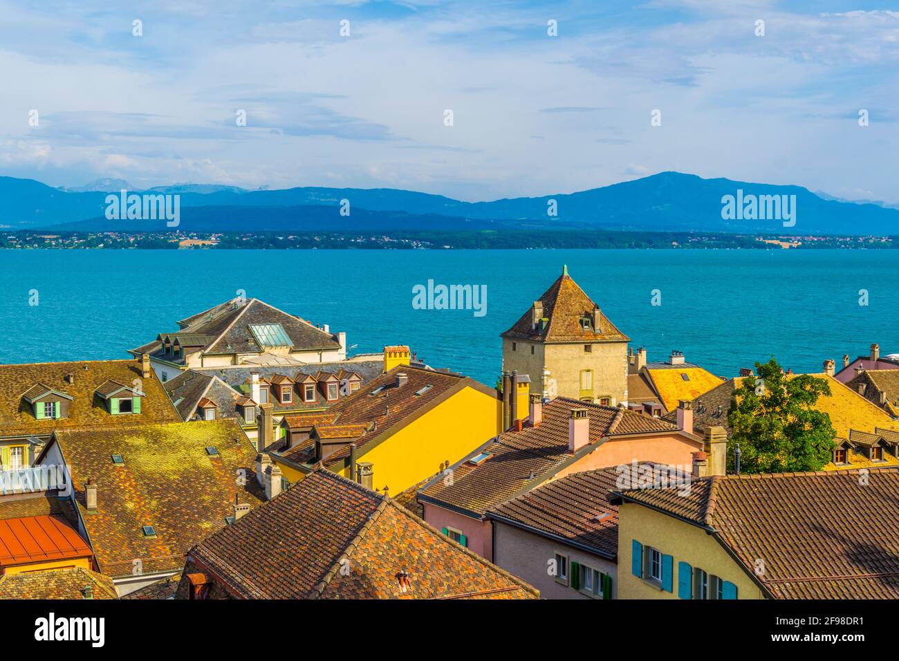 Aerial view of Geneva lake from terrace next to the Nyon Palace ...