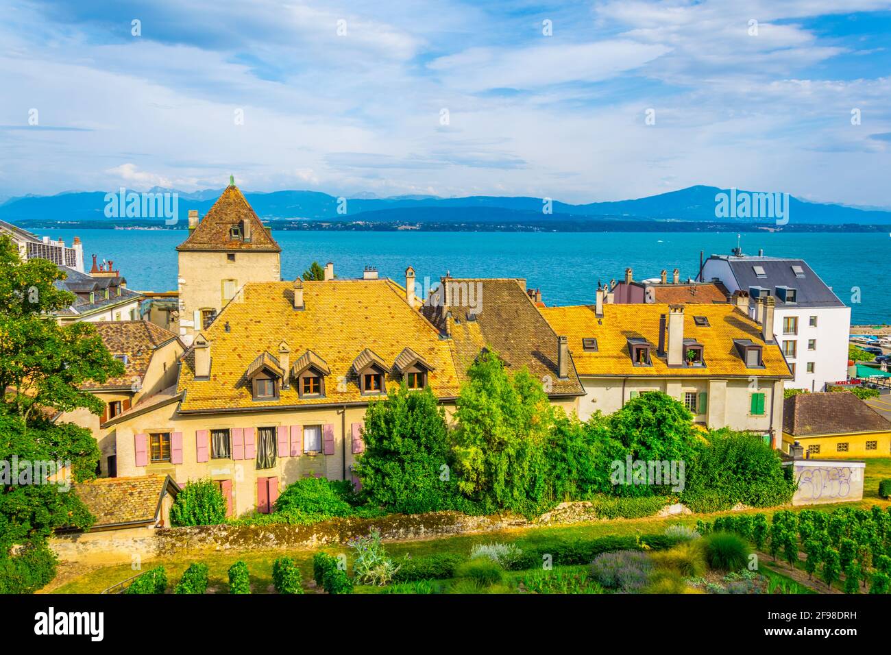Aerial view of Geneva lake from terrace next to the Nyon Palace ...