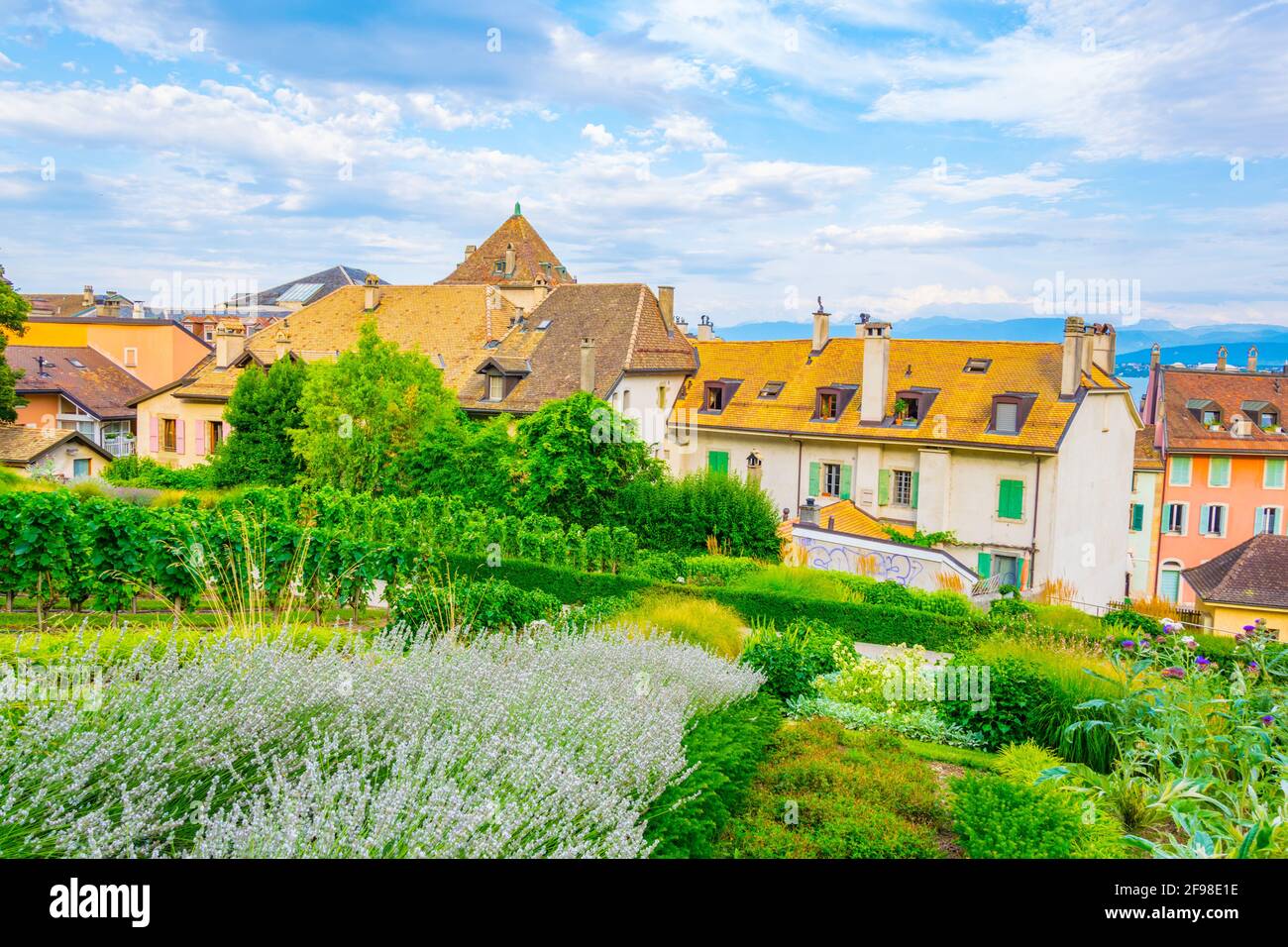 Aerial view of Geneva lake from terrace next to the Nyon Palace ...